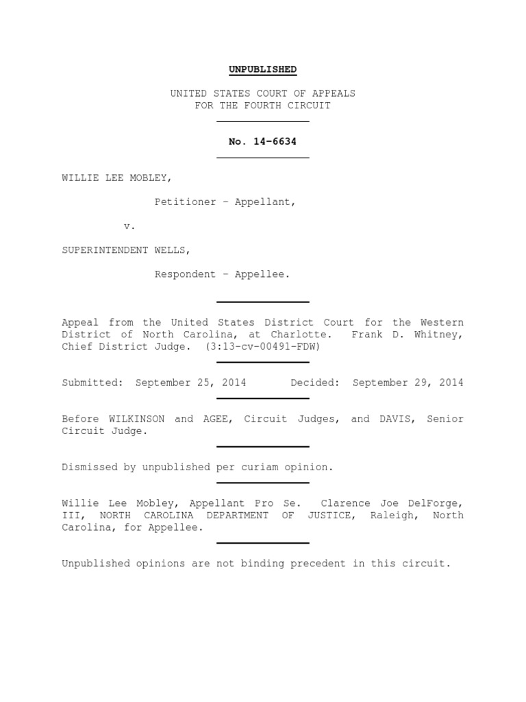 Willie Mobley v. Superintendent Wells, 4th Cir. (2014) | PDF