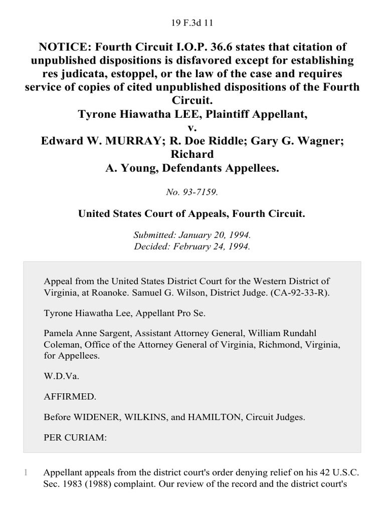 Tyrone Hiawatha Lee v. Edward W. Murray R. Doe Riddle Gary G. Wagner ...