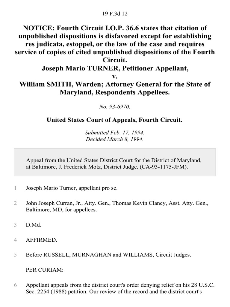 Joseph Mario Turner v. William Smith, Warden Attorney General For The ...