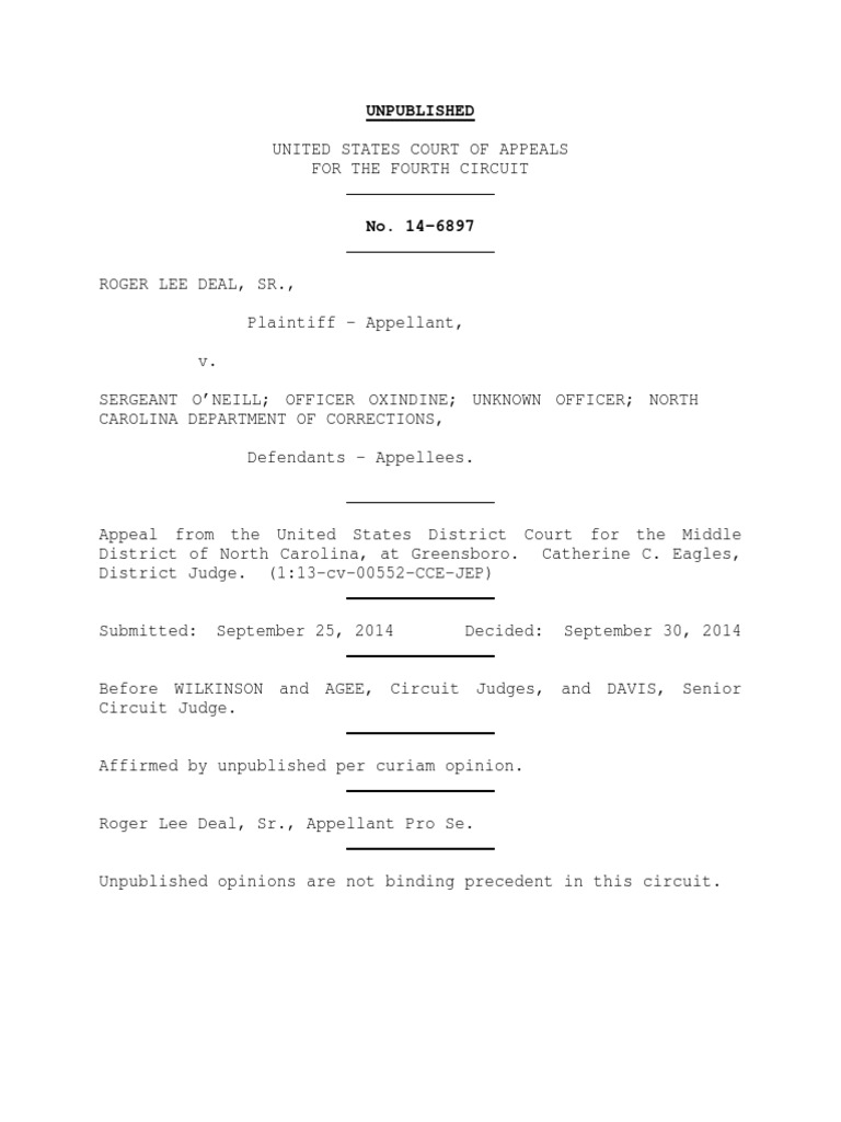 Roger Deal, Sr. v. Sergeant O'Neill, 4th Cir. (2014) | PDF | Law