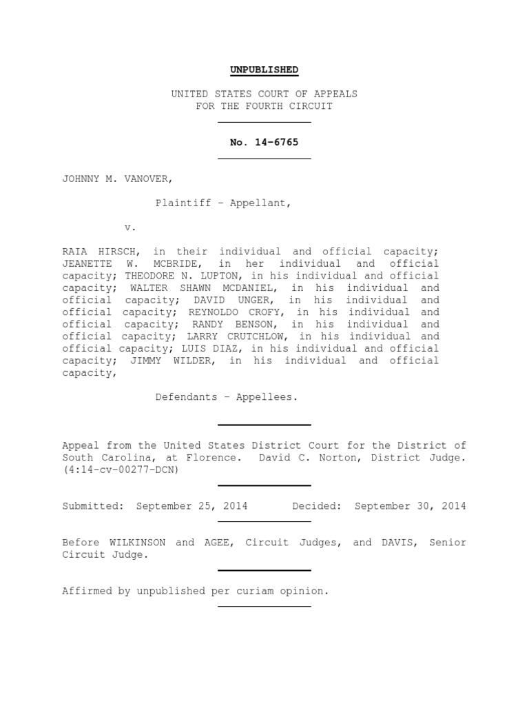 Johnny Vanover v. Raia Hirsch, 4th Cir. (2014) | PDF