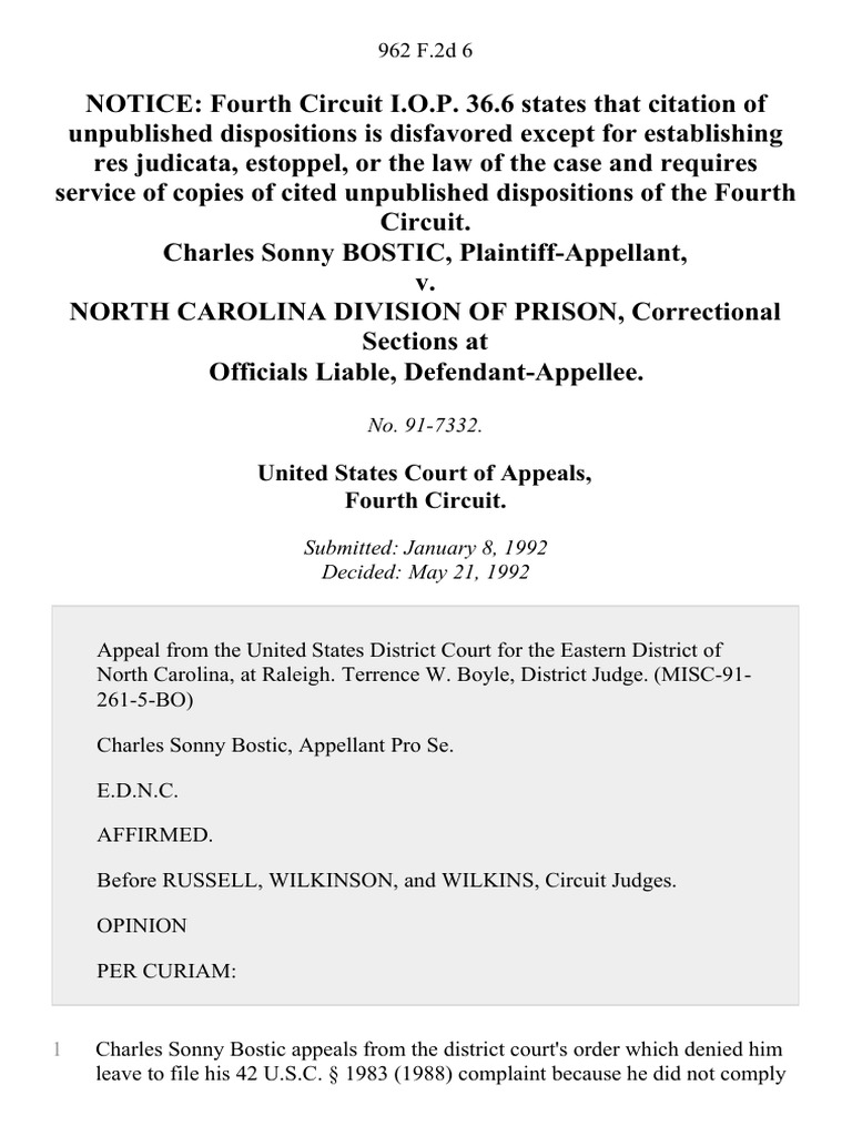 Charles Sonny Bostic v. North Carolina Division of Prison, Correctional ...