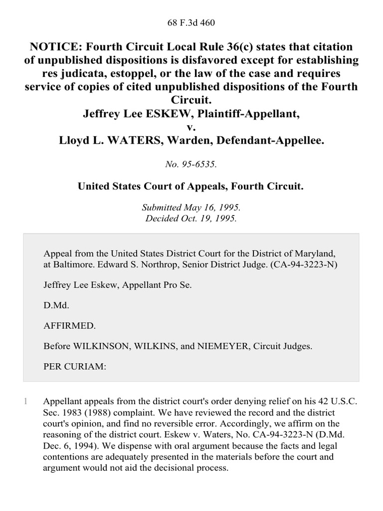 Jeffrey Lee Eskew v. Lloyd L. Waters, Warden, 68 F.3d 460, 4th Cir ...