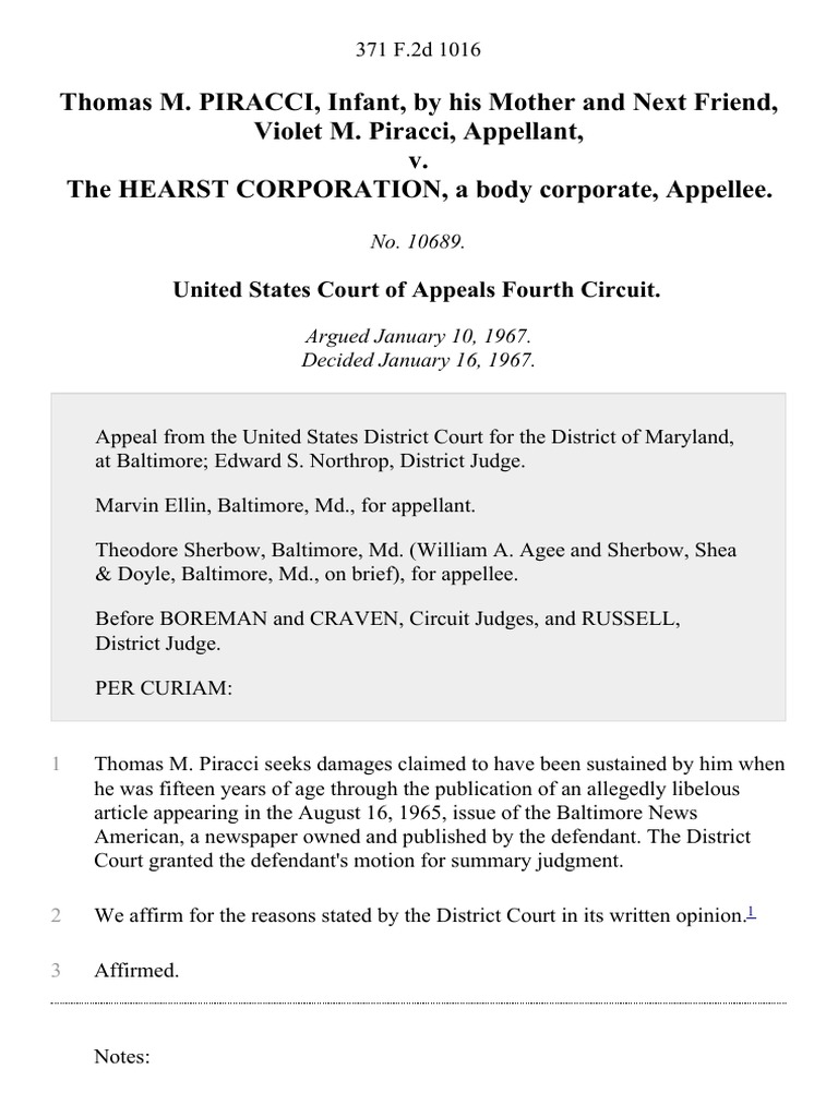 Thomas M. PIRACCI, Infant, by His Mother and Next Friend, Violet M ...