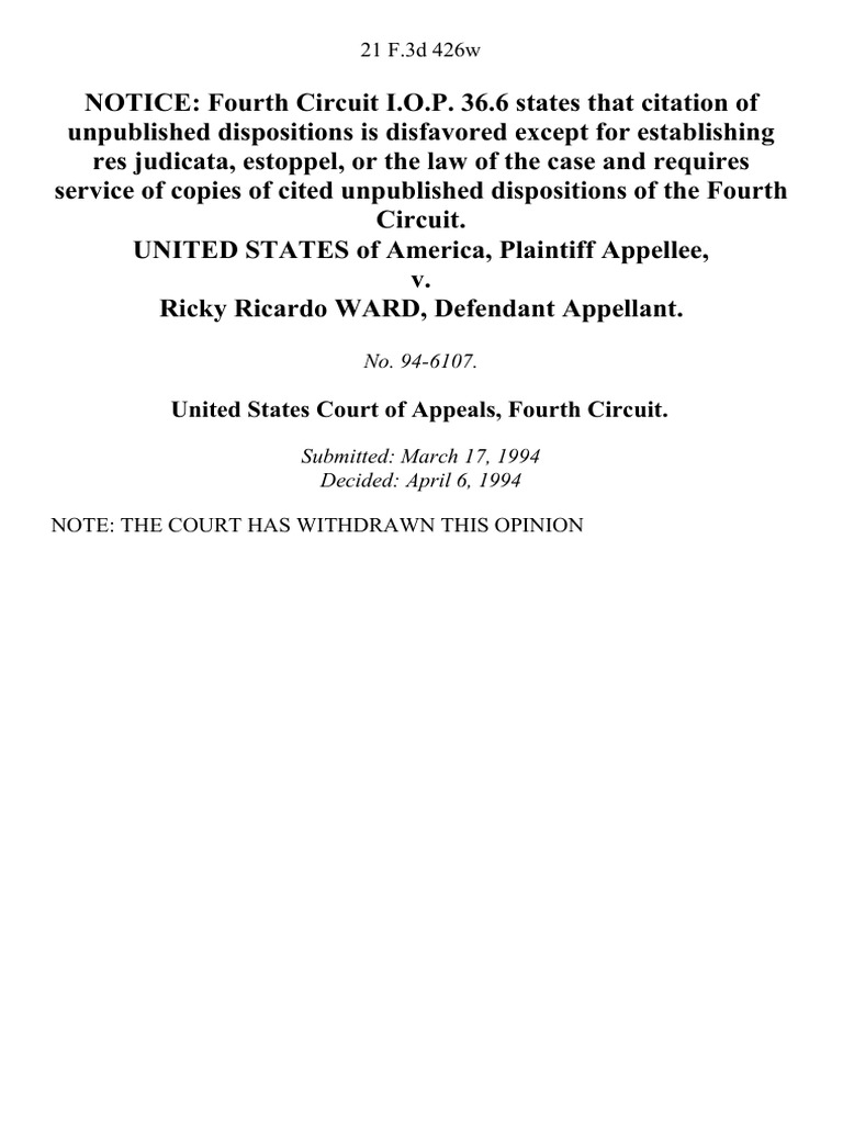 United States v. Ricky Ricardo Ward, 21 F.3d 426, 4th Cir. (1994) | PDF