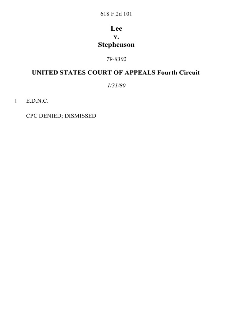Lee v. Stephenson, 618 F.2d 101, 4th Cir. (1980) | PDF | Law
