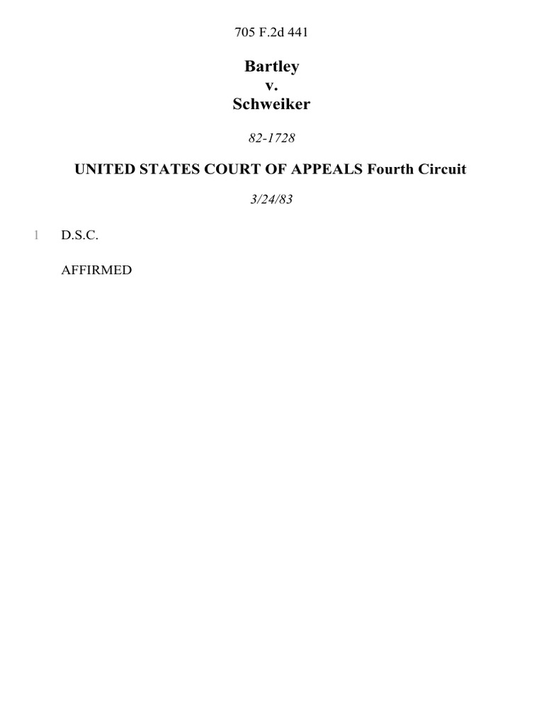 Bartley v. Schweiker, 705 F.2d 441, 4th Cir. (1983) | PDF