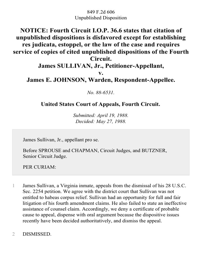 James Sullivan, Jr. v. James E. Johnson, Warden, 849 F.2d 606, 4th Cir ...