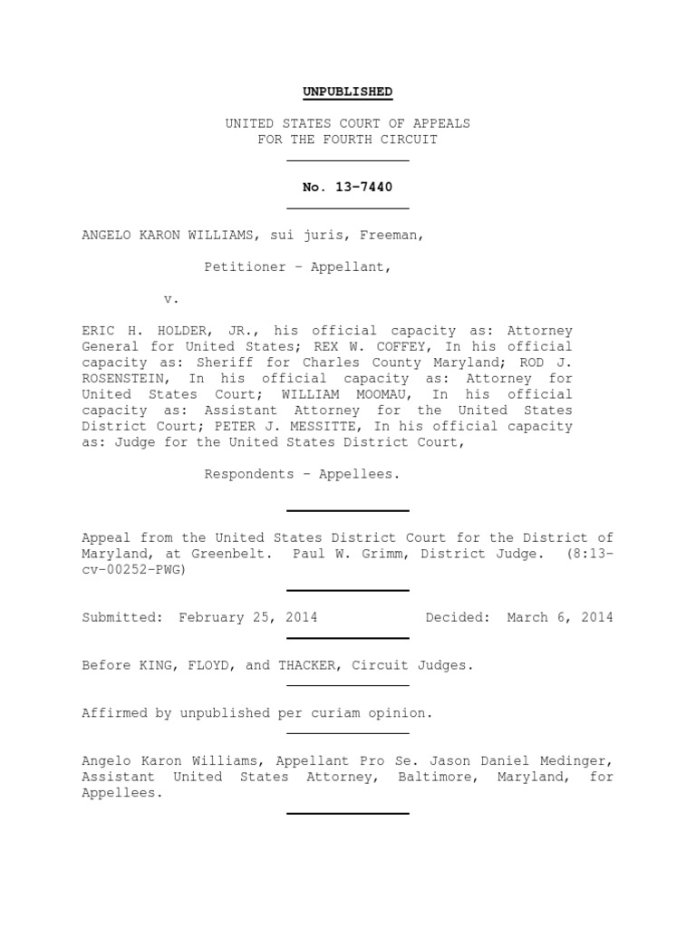 Angelo Williams v. Eric Holder, JR., 4th Cir. (2014) | PDF | Law