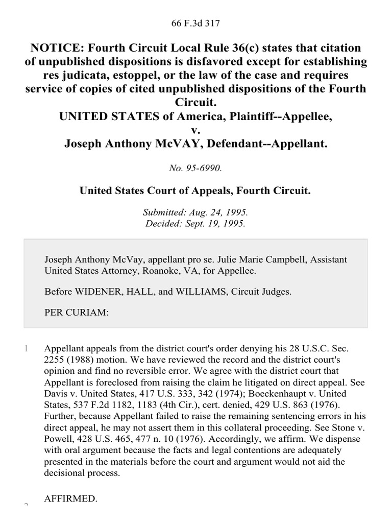 United States v. Joseph Anthony McVay, 66 F.3d 317, 4th Cir. (1995) | PDF
