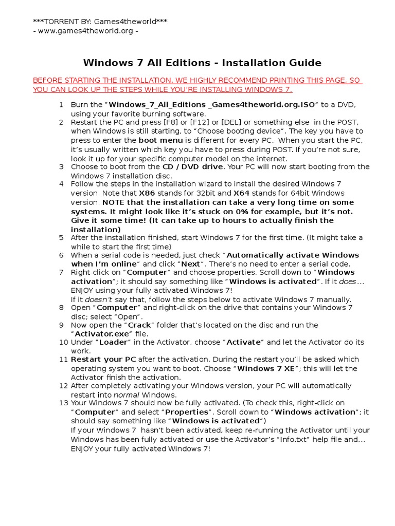 Windows 7 All Editions - Installation Guide | PDF | Self-Improvement