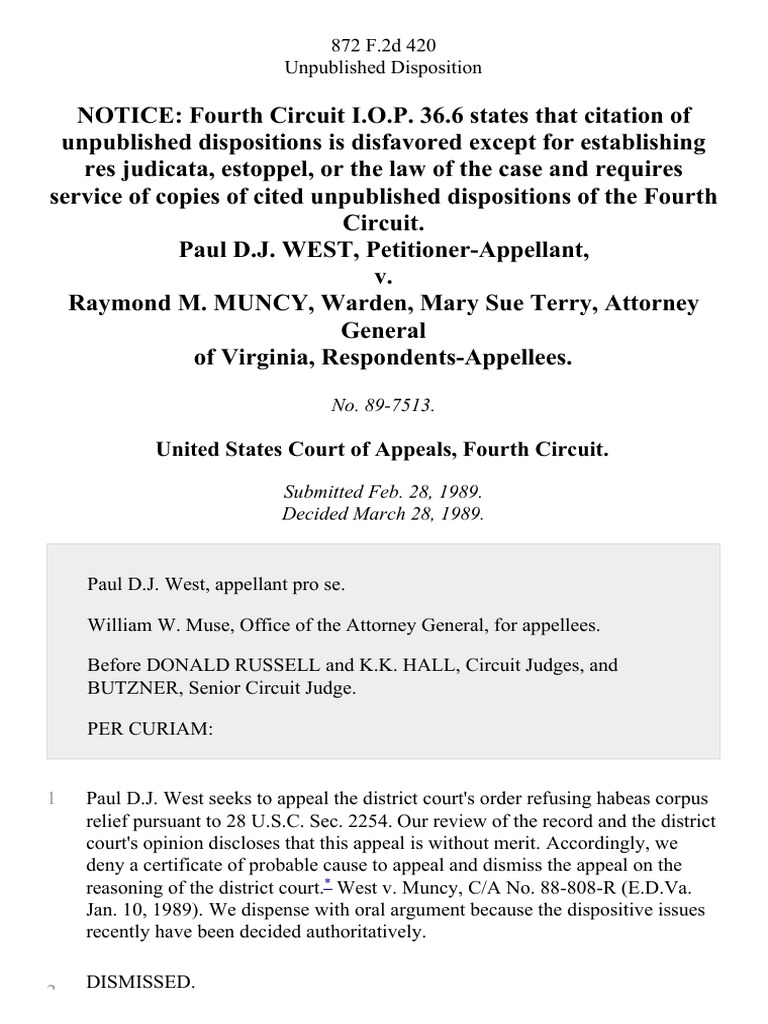 Paul D.J. West v. Raymond M. Muncy, Warden, Mary Sue Terry, Attorney ...