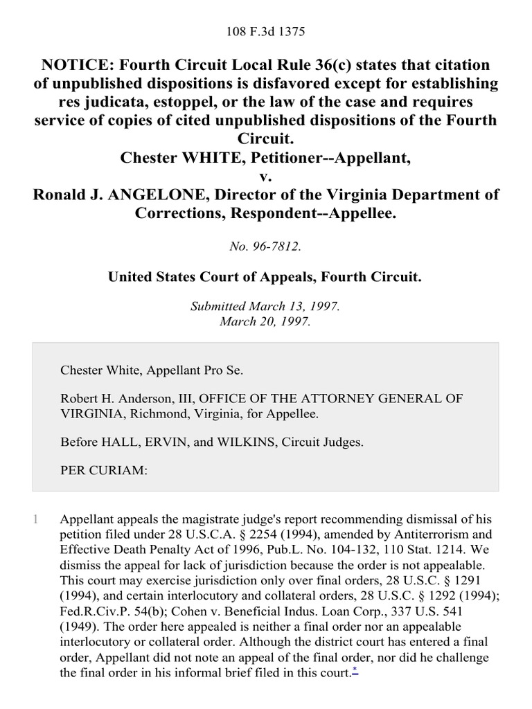 Chester White v. Ronald J. Angelone, Director of The Virginia Department of Corrections, 108 F ...