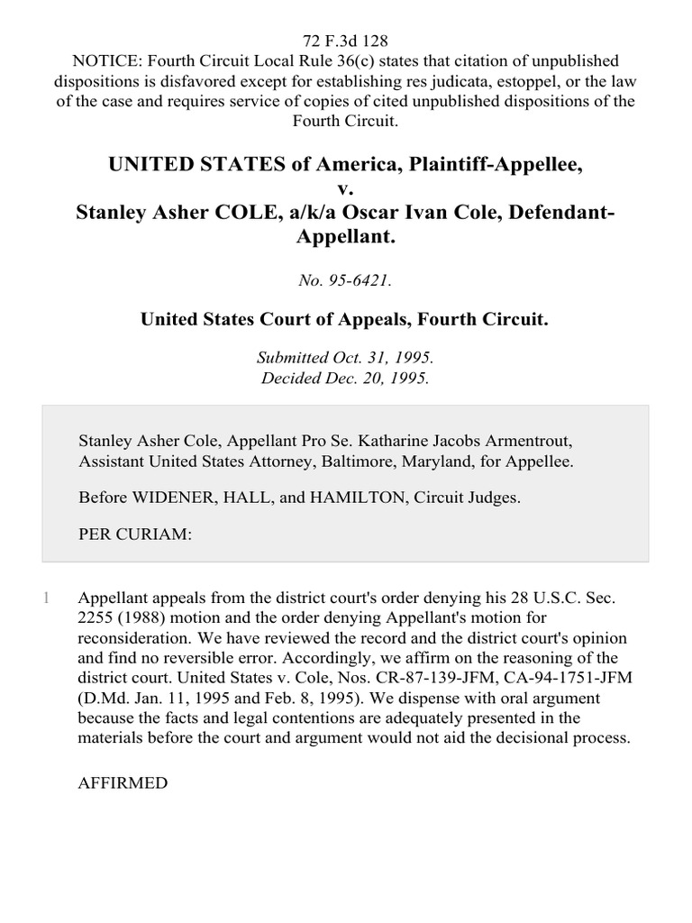 Appeal Denied in U.S. v. Cole Case | PDF
