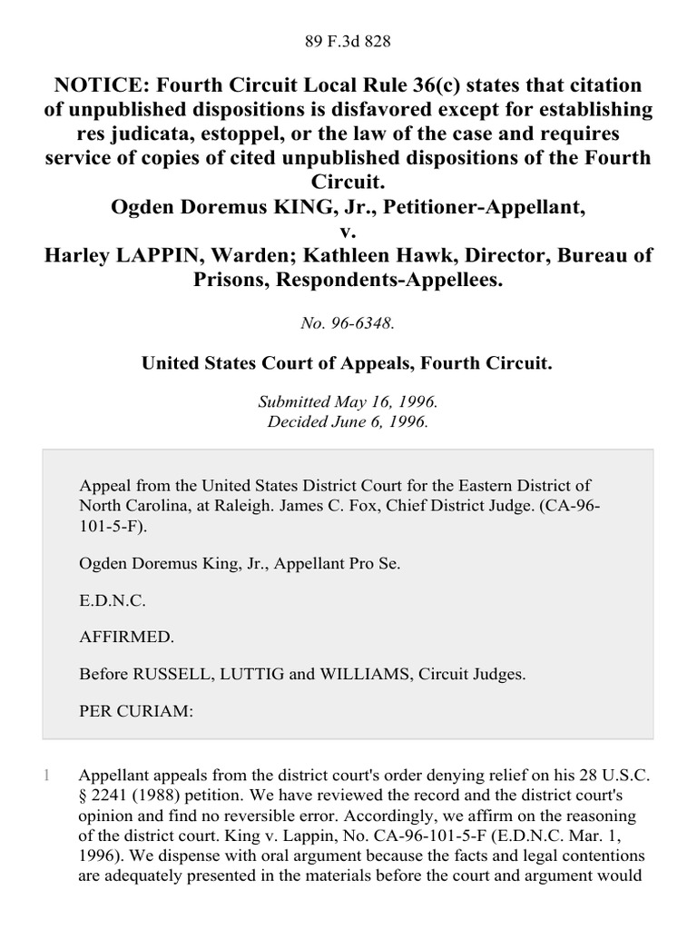 Ogden Doremus King, Jr. v. Harley Lappin, Warden Kathleen Hawk, Director, Bureau of Prisons, 89 ...