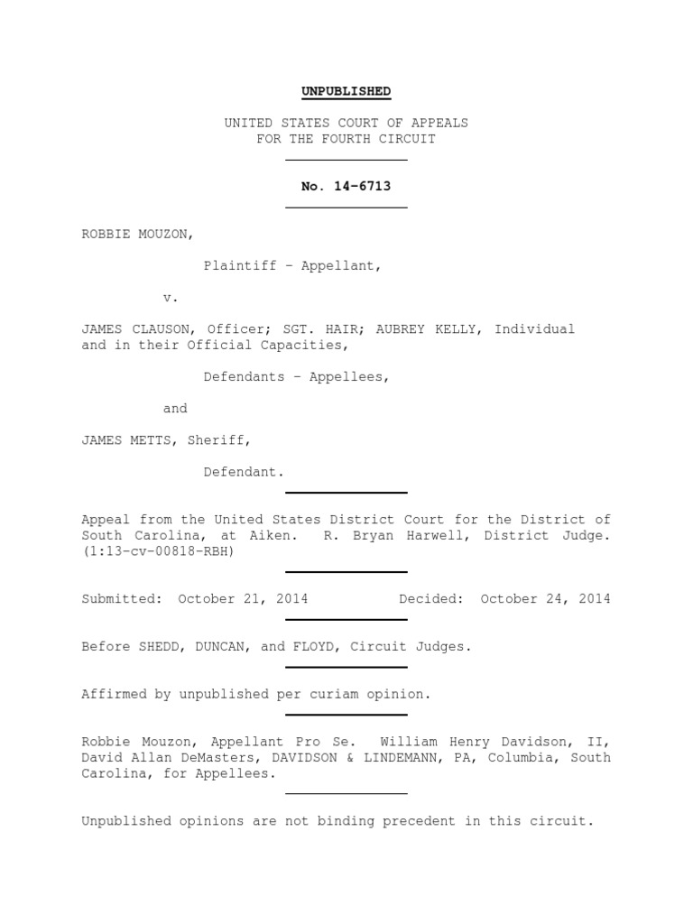 Robbie Mouzon v. James Clauson, 4th Cir. (2014) | PDF
