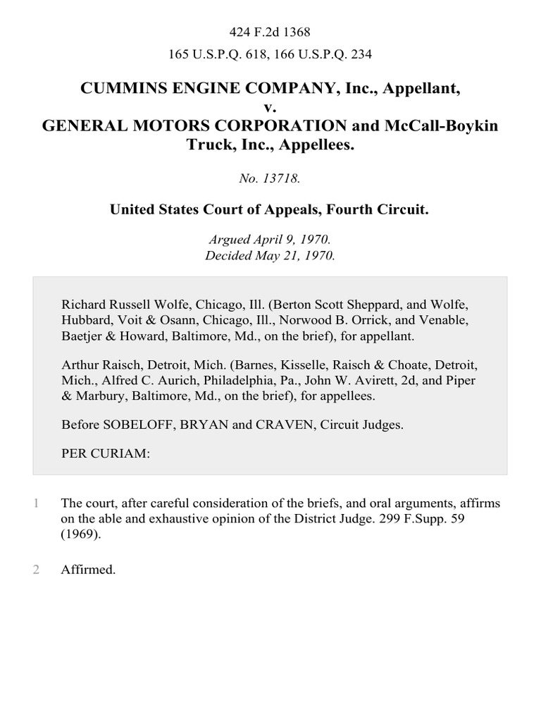 Cummins Engine Co. v. General Motors Case | PDF