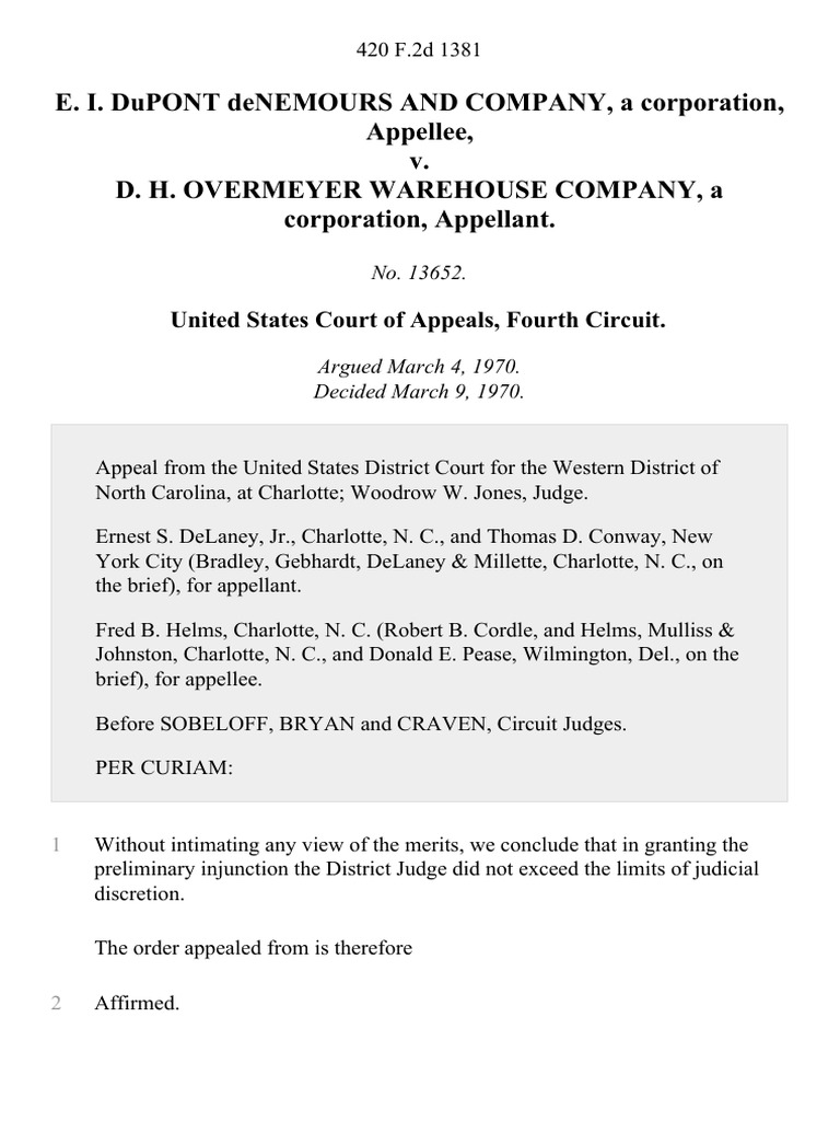 E. I. Dupont Denemours and Company, A Corporation v. D. H. Overmeyer ...