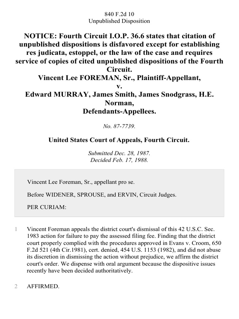 Vincent Lee Foreman, Sr. v. Edward Murray, James Smith, James Snodgrass ...