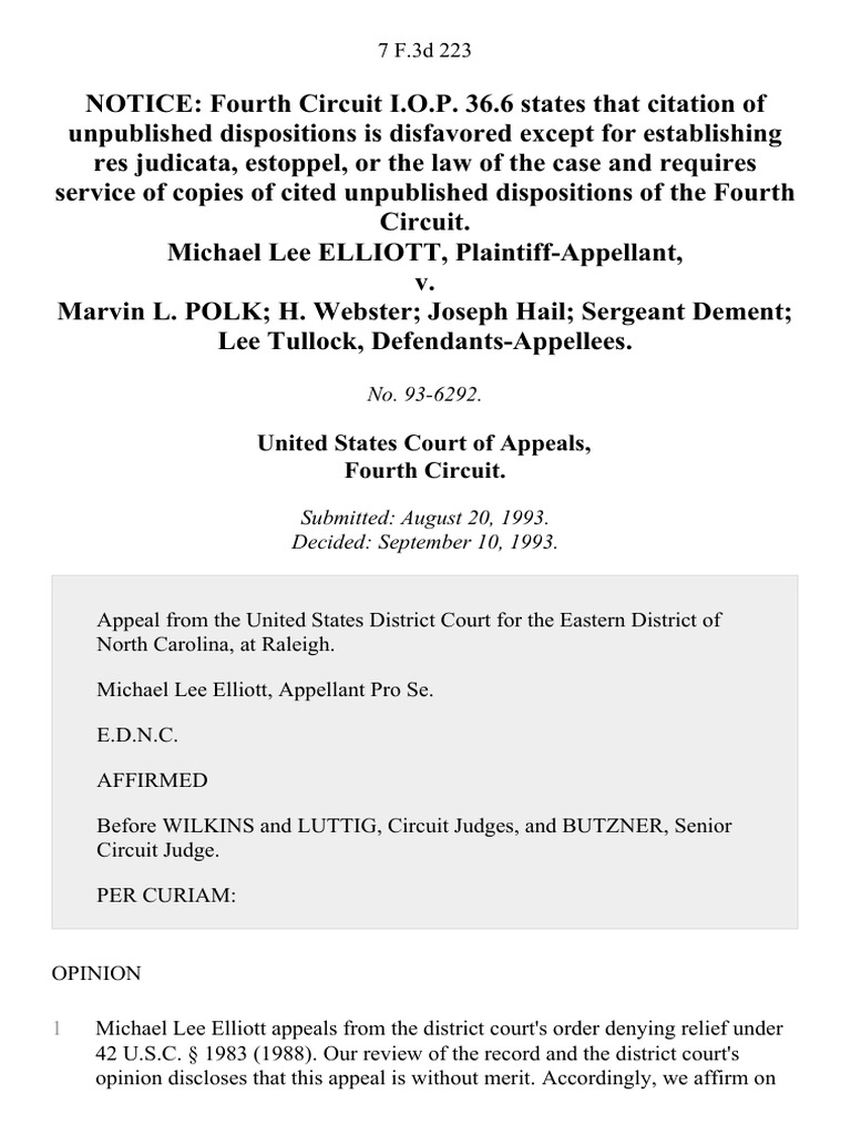 Michael Lee Elliott v. Marvin L. Polk H. Webster Joseph Hail Sergeant ...