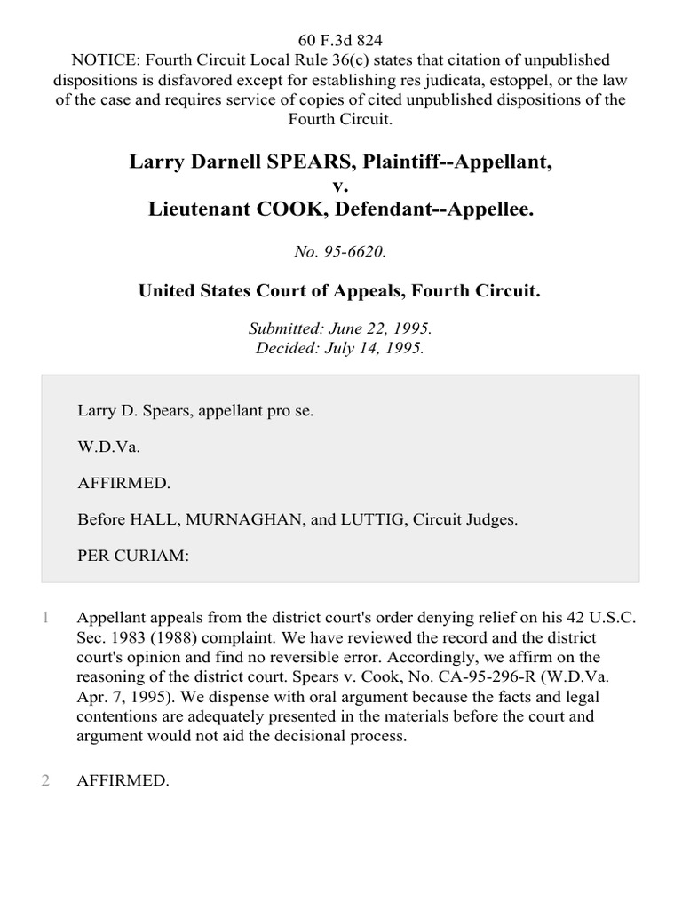 Larry Darnell Spears v. Lieutenant Cook, 60 F.3d 824, 4th Cir. (1995) | PDF
