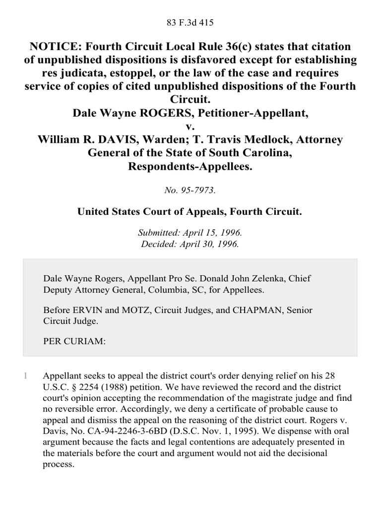 Dale Wayne Rogers v. William R. Davis, Warden T. Travis Medlock ...