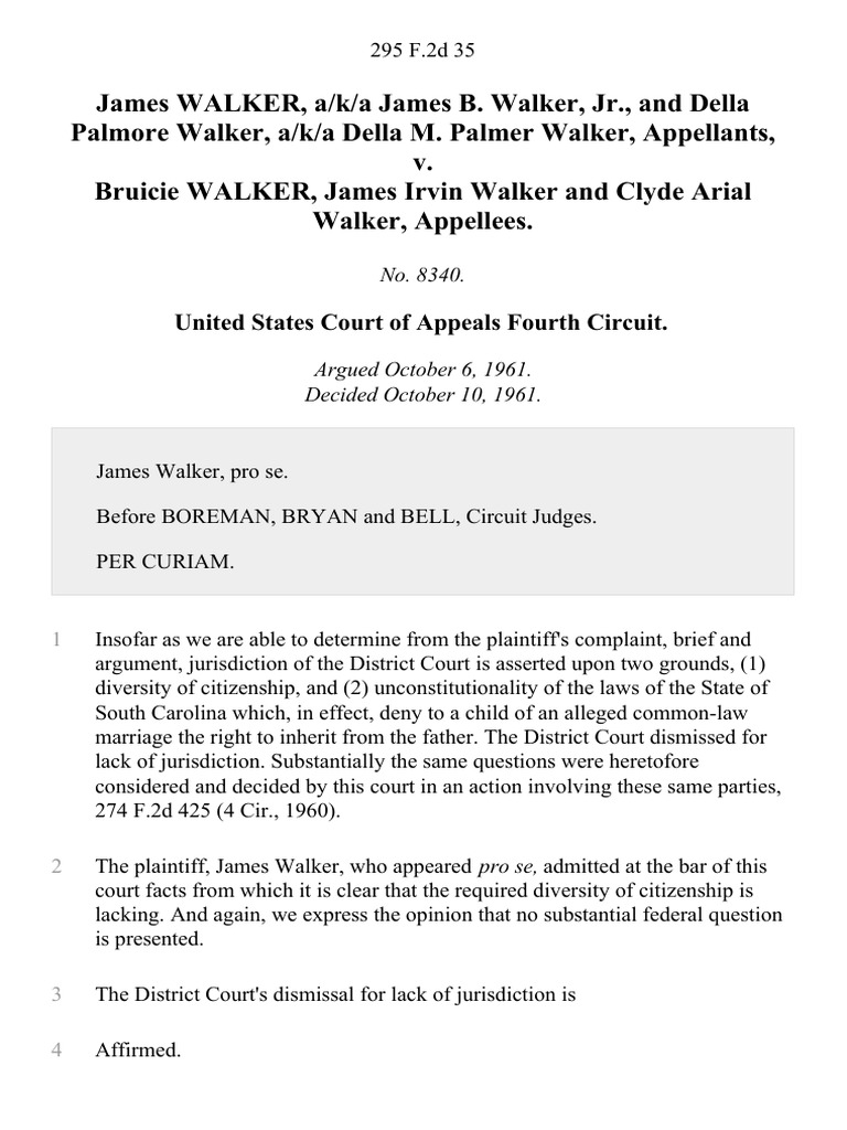 Walker v. Walker: Jurisdiction Ruling | PDF | Precedent | Diversity ...