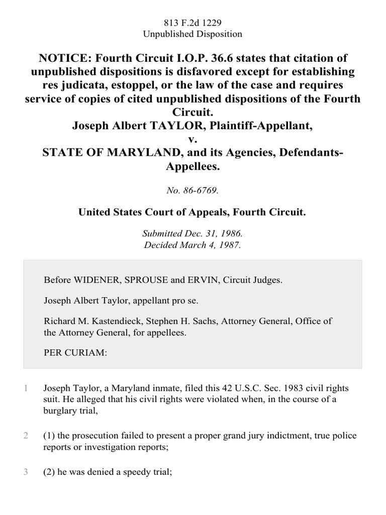 Joseph Albert Taylor v. State of Maryland, and Its Agencies, 813 F.2d ...
