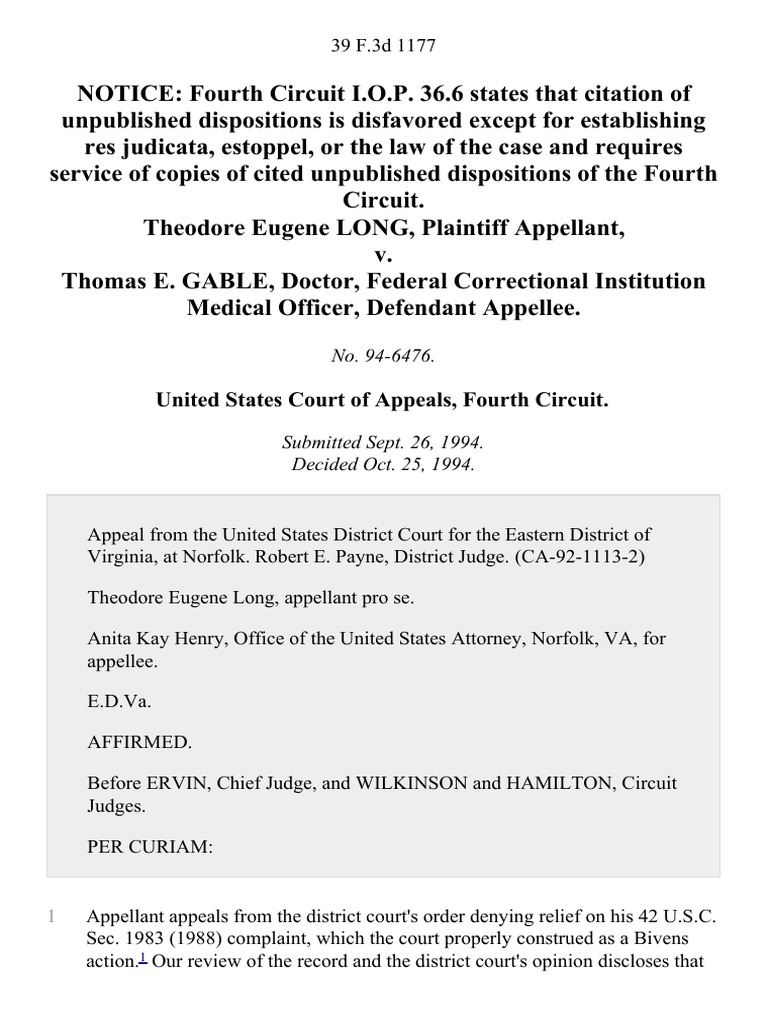 Theodore Eugene Long v. Thomas E. Gable, Doctor, Federal Correctional ...