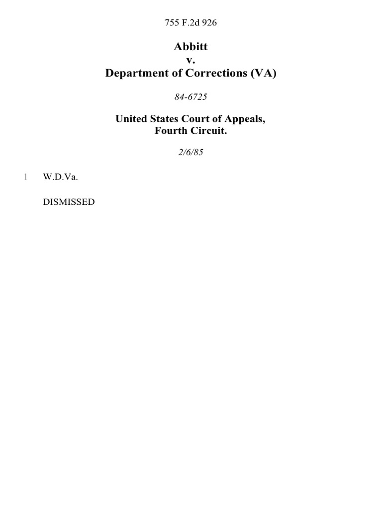 Abbitt v. Department of Corrections (Va), 755 F.2d 926, 4th Cir. (1985 ...