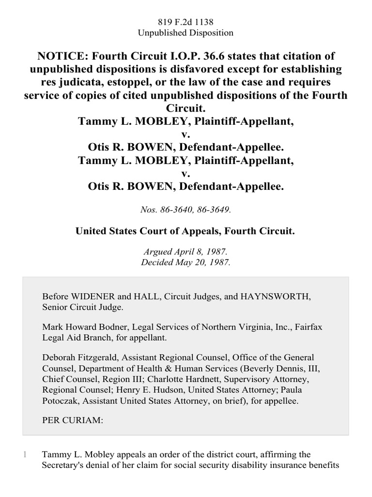 Tammy L. Mobley v. Otis R. Bowen, Tammy L. Mobley v. Otis R. Bowen, 819 ...