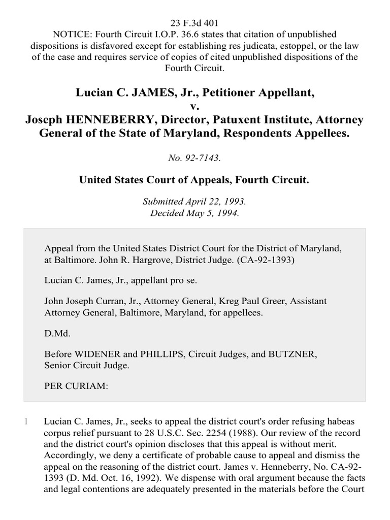 Lucian C. James, Jr. v. Joseph Henneberry, Director, Patuxent Institute ...