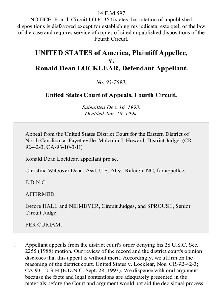 United States v. Ronald Dean Locklear, 14 F.3d 597, 4th Cir. (1994) | PDF