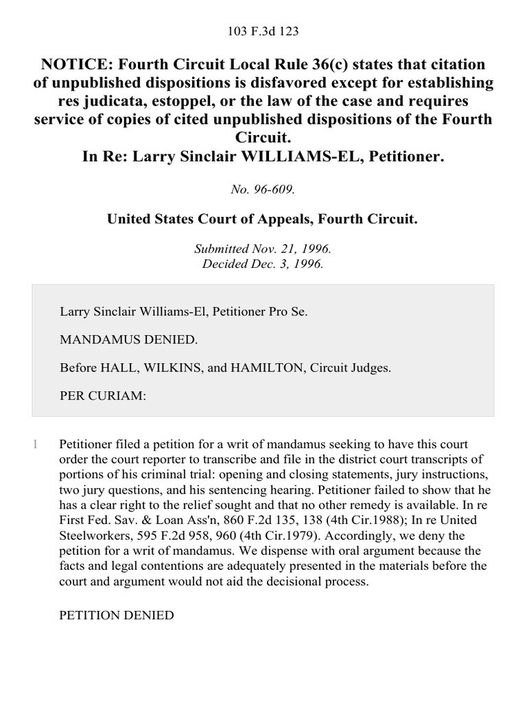 In Re: Larry Sinclair Williams-El, 103 F.3d 123, 4th Cir. (1996) | PDF ...