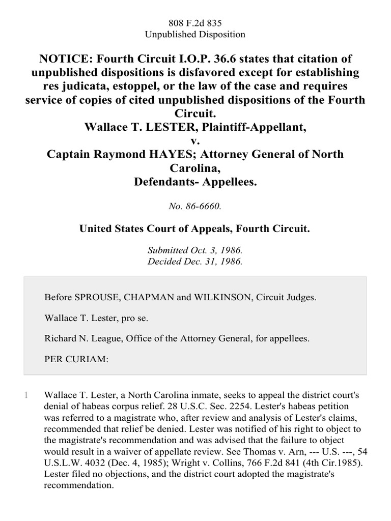 Wallace T. Lester v. Captain Raymond Hayes Attorney General of North ...