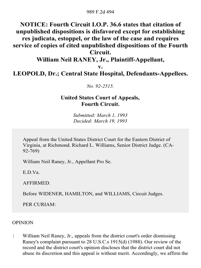 William Neil Raney, Jr. v. Leopold, Dr. Central State Hospital, 989 F ...