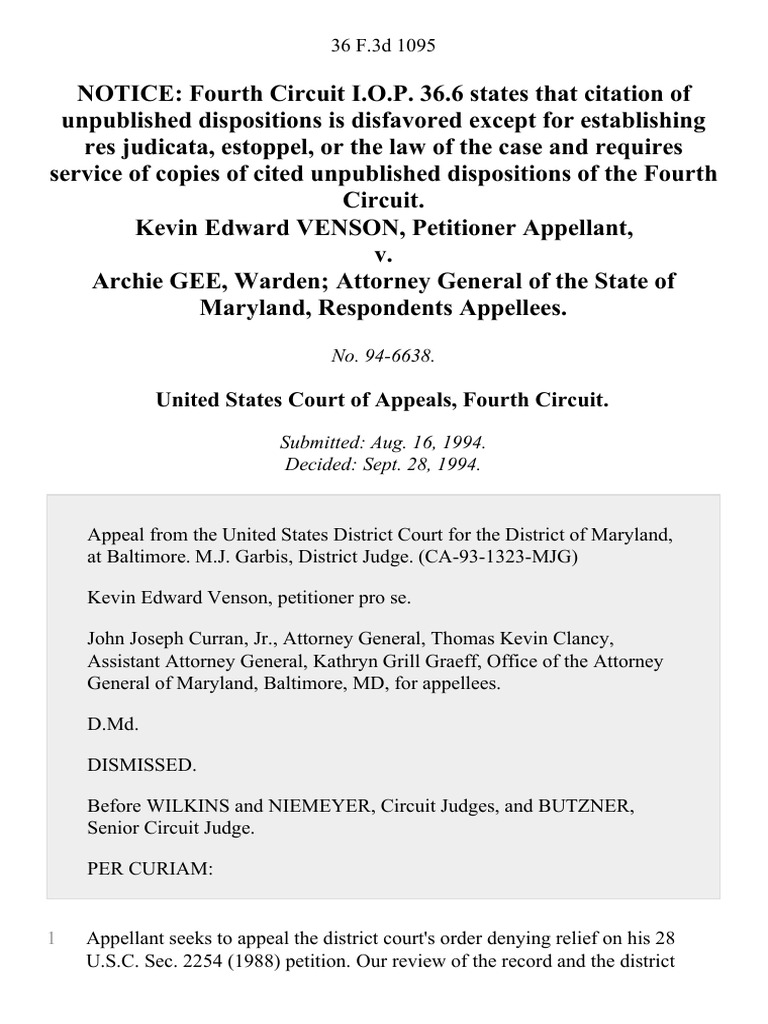 Kevin Edward Venson v. Archie Gee, Warden Attorney General of The State ...