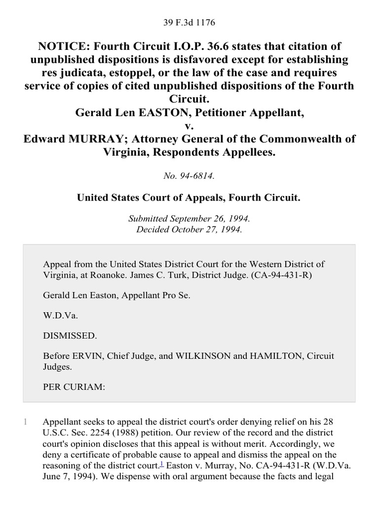Gerald Len Easton v. Edward Murray Attorney General of The Commonwealth ...