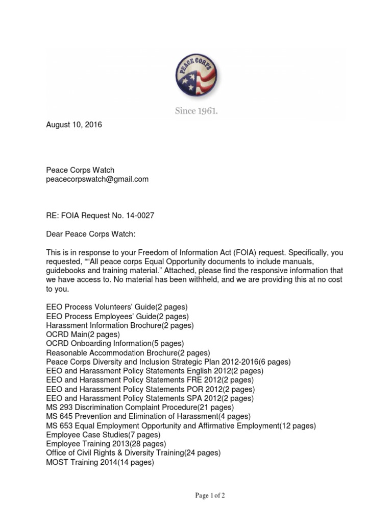 Peace Corps FOIA Response on EEO Documents | PDF | Law