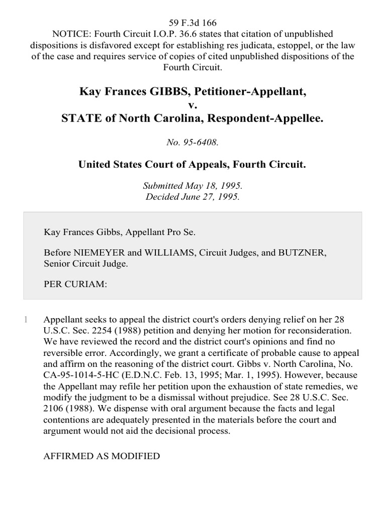 Gibbs v. North Carolina Appeal Ruling | PDF | Law