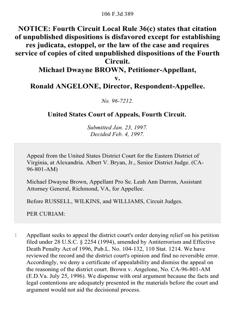 Michael Dwayne Brown v. Ronald Angelone, Director, 106 F.3d 389, 4th ...