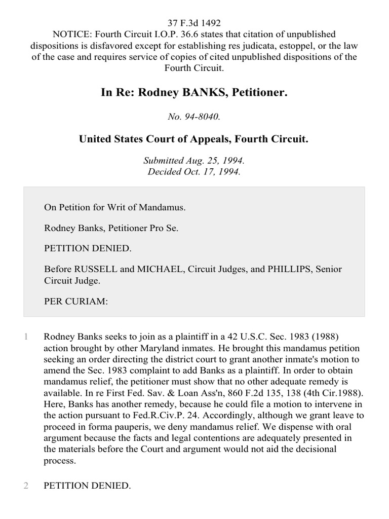 In Re: Rodney Banks, 37 F.3d 1492, 4th Cir. (1994) | PDF
