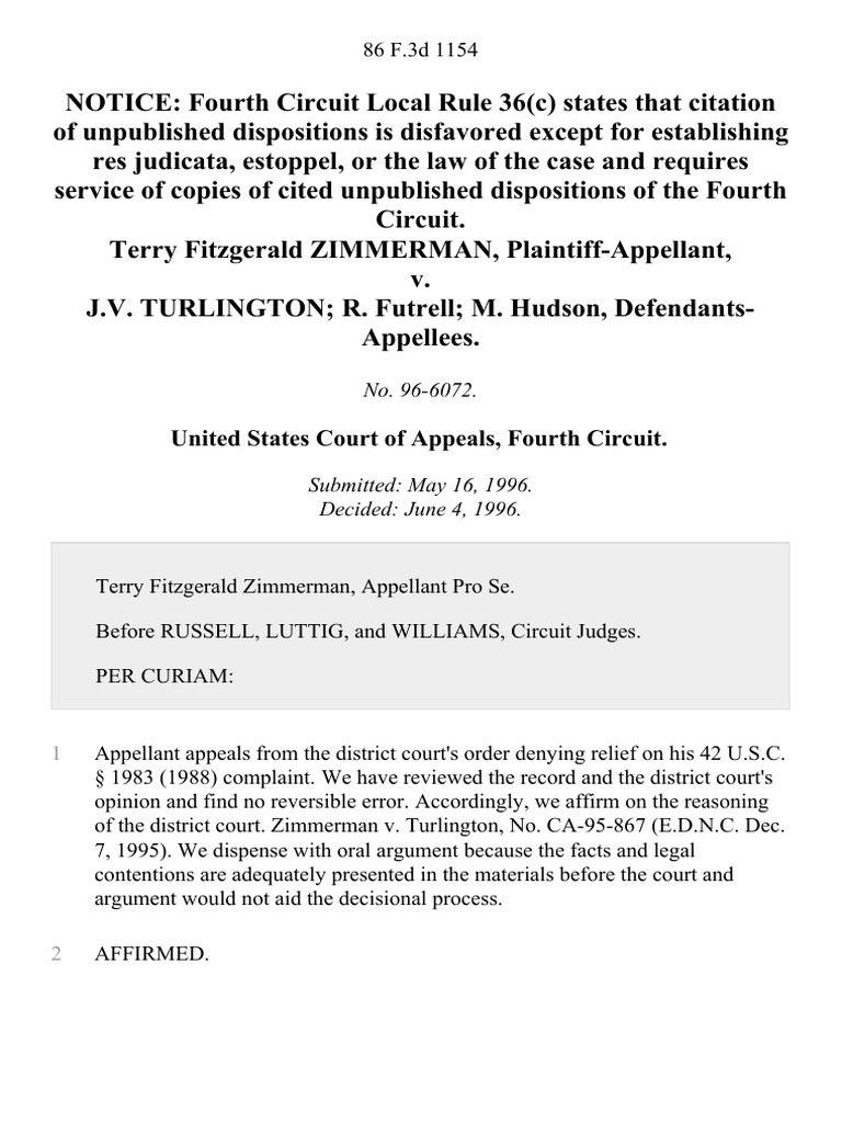 Terry Fitzgerald Zimmerman v. J v. Turlington R. Futrell M. Hudson, 86 ...