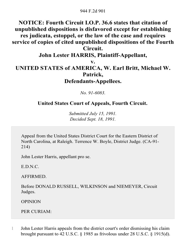 John Lester Harris v. United States of America, W. Earl Britt, Michael ...