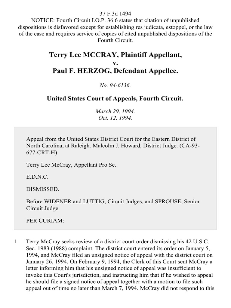 Terry Lee McCray v. Paul F. Herzog, 37 F.3d 1494, 4th Cir. (1994) | PDF