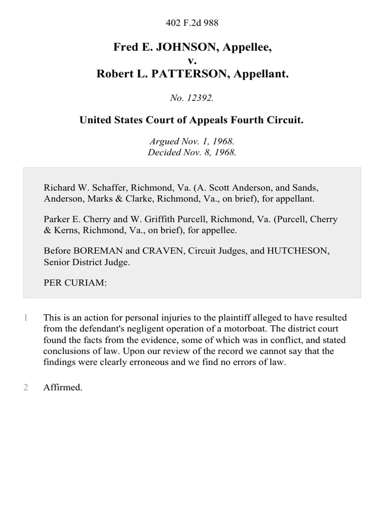 Fred E. Johnson v. Robert L. Patterson, 402 F.2d 988, 4th Cir. (1968) | PDF
