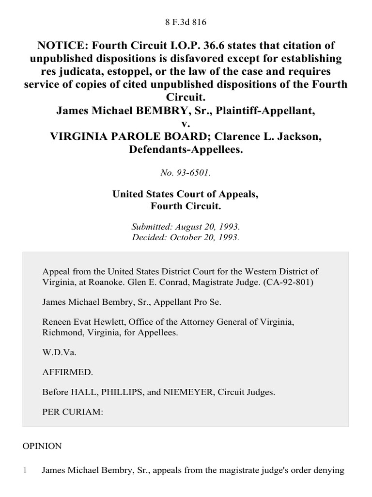 James Michael Bembry, Sr. v. Virginia Parole Board Clarence L. Jackson ...