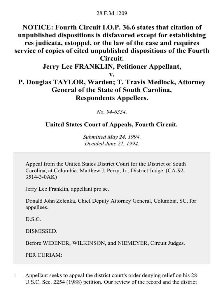 Jerry Lee Franklin v. P. Douglas Taylor, Warden T. Travis Medlock ...