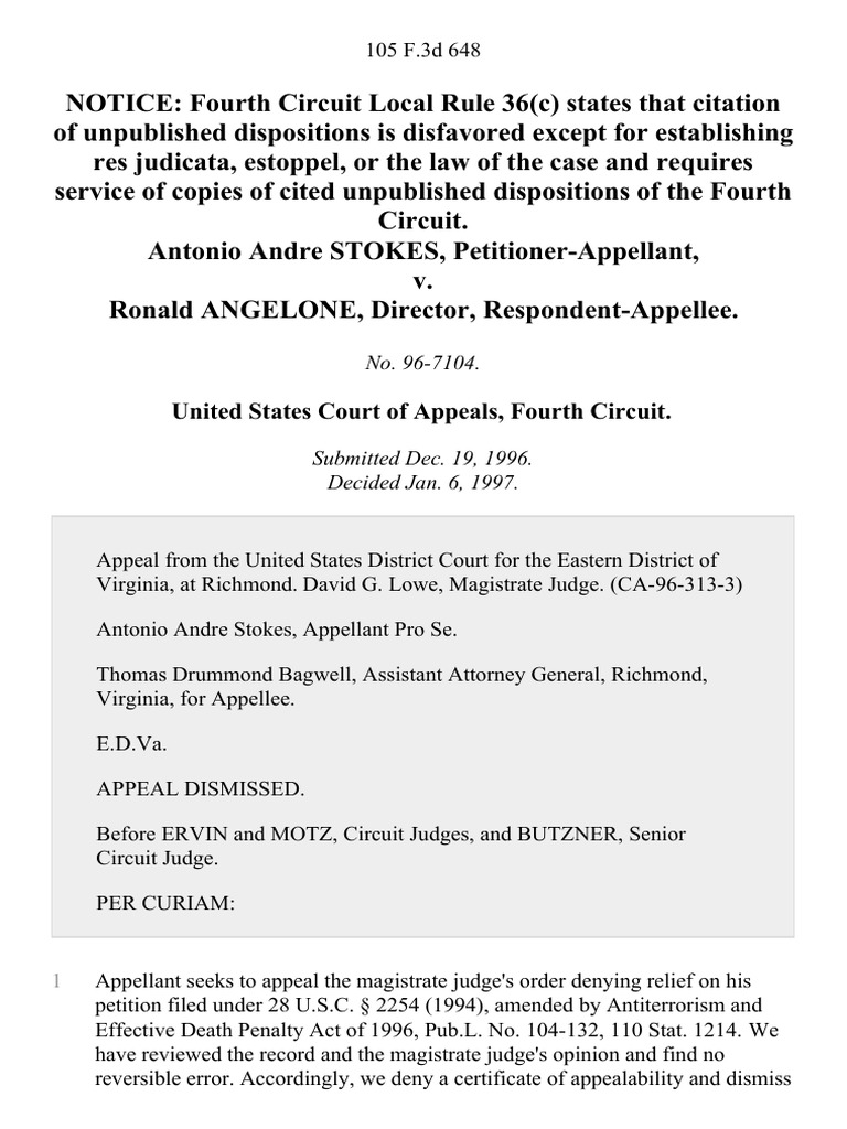 Antonio Andre Stokes v. Ronald Angelone, Director, 105 F.3d 648, 4th ...