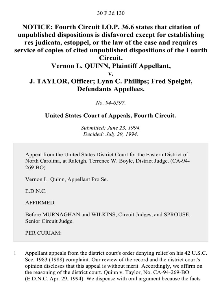Vernon L. Quinn v. J. Taylor, Officer Lynn C. Phillips Fred Speight, 30 ...